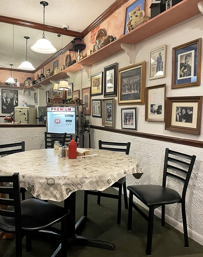 Simple tables with newspaper-patterned tablecloths set the stage for meals that will be remembered long after the check arrives.