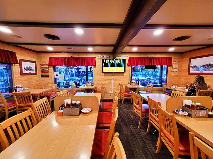 Tables arranged with mathematical precision, ensuring maximum capacity for pancake consumption without sacrificing elbow room for syrup pouring.