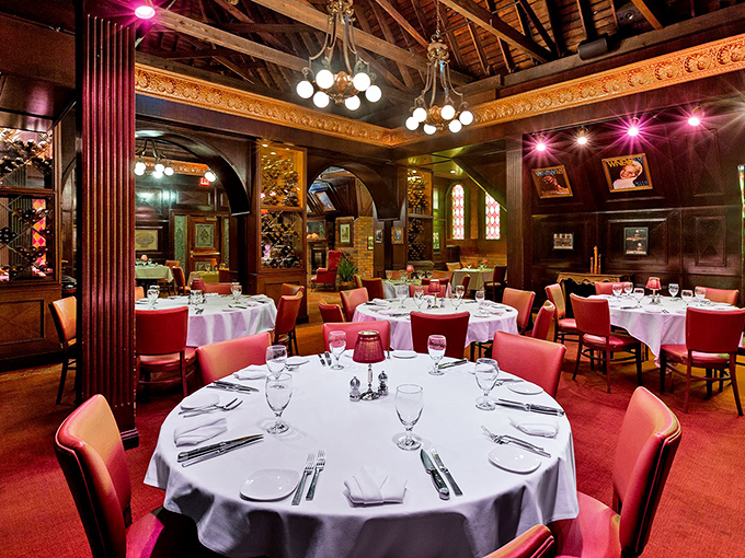 Tables arranged with mathematical precision under ornate ceilings &ndash; each one a stage where beef brilliance will soon perform.