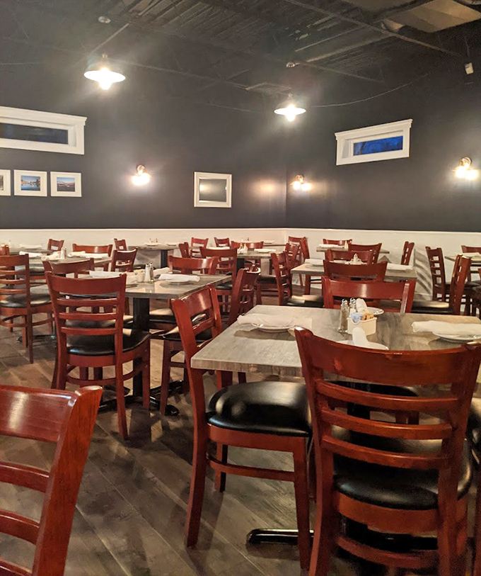 Clean, comfortable dining room where families can spread out and make the happy mess that crab legs require.