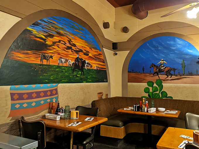 Southwestern murals transport diners to another era while they contemplate the serious business of breakfast selection.