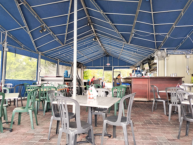 Brick floors and plastic chairs keep things delightfully unpretentious under that signature blue tent covering overhead.