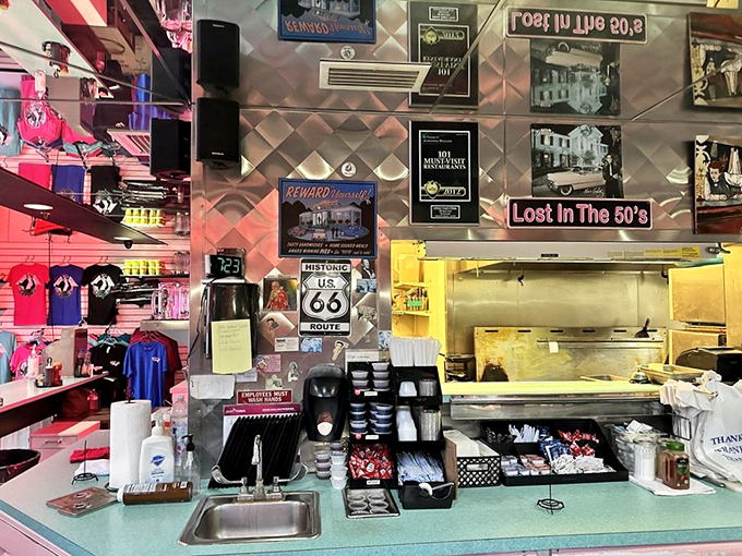 Step up to the counter where chrome gleams, Route 66 memories hang proudly, and every detail whispers pure 1950s nostalgia.