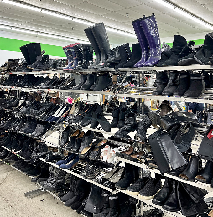 Boot boulevard showcases footwear with previous lives&mdash;some barely walked in, others with stories etched into every scuff and crease.