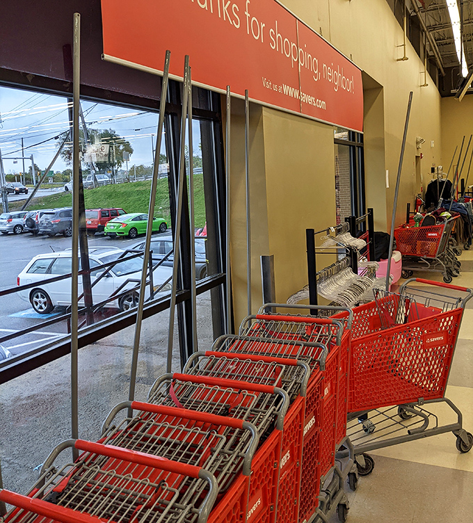 The red shopping carts stand ready for action&mdash;chariots for your treasure hunt through this kingdom of secondhand wonders.