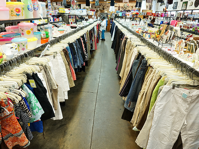 The clothing aisles stretch like runways of possibility, where patient shoppers can build entire wardrobes for the price of one retail outfit.