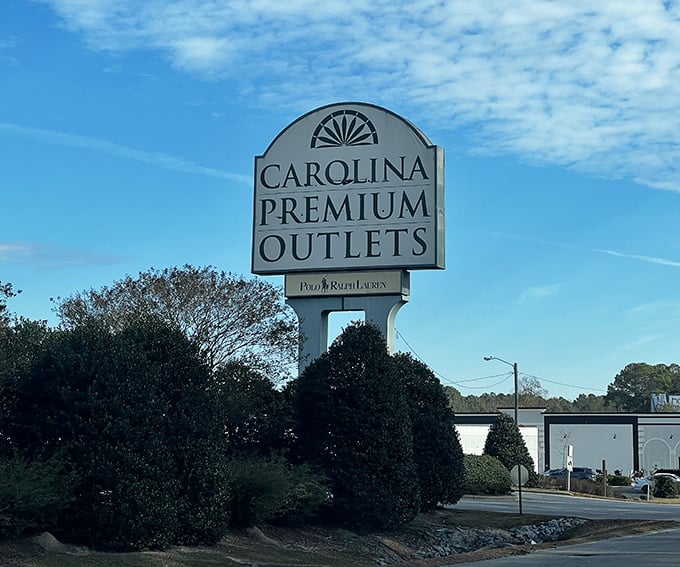 The beacon of bargains stands tall against Carolina blue skies. This sign has guided more shopping pilgrimages than most GPS systems.