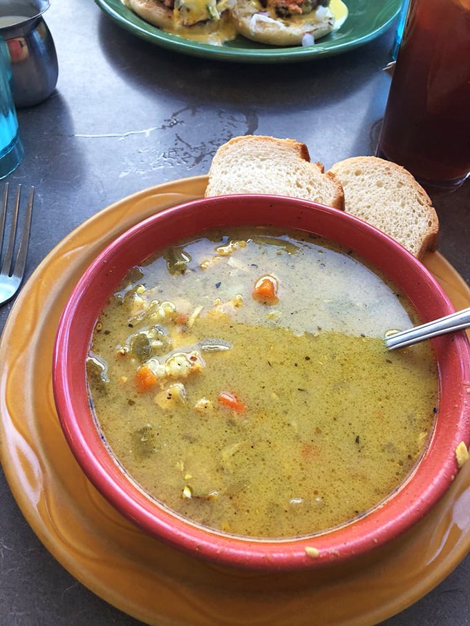 A soup that looks like liquid comfort, served in a bowl the color of optimism. Alaska knows how to warm you from the inside out.