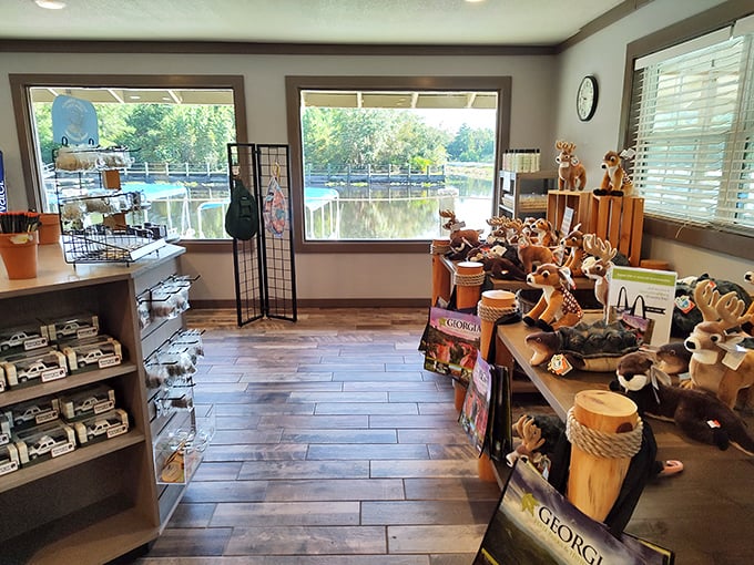 Souvenir central with a view&mdash;where you can buy a stuffed alligator while watching real ones through picture windows.