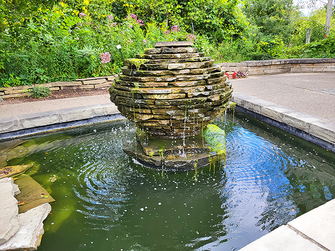 This stone fountain creates a meditative soundtrack for garden visitors, nature's version of that relaxation app on your phone.