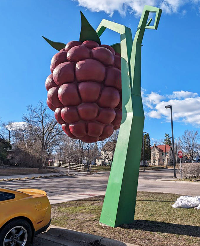 Standing sentinel over the street, this crimson creation has witnessed countless Minnesota seasons from its fruity perch.
