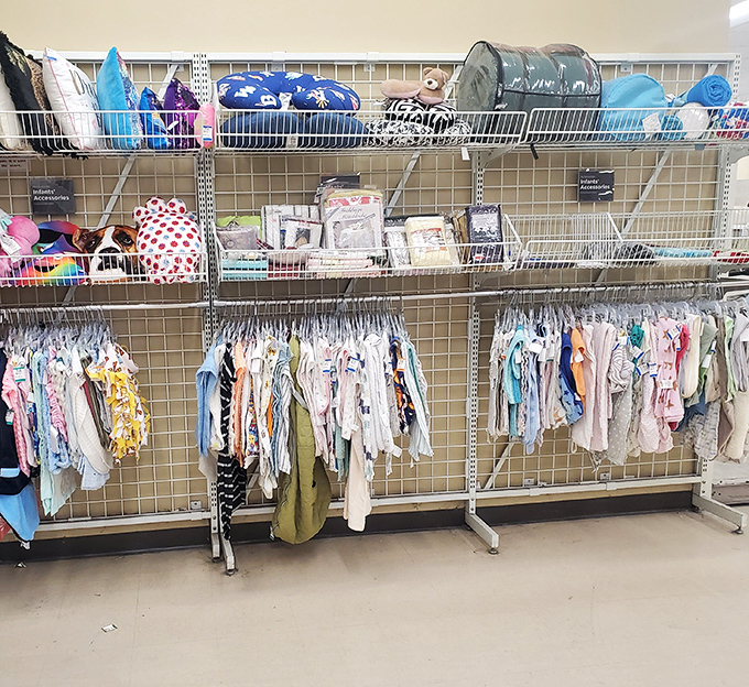 The baby section: where tiny clothes await tiny humans, saving parents from the financial sting of outfitting rapidly growing little ones.