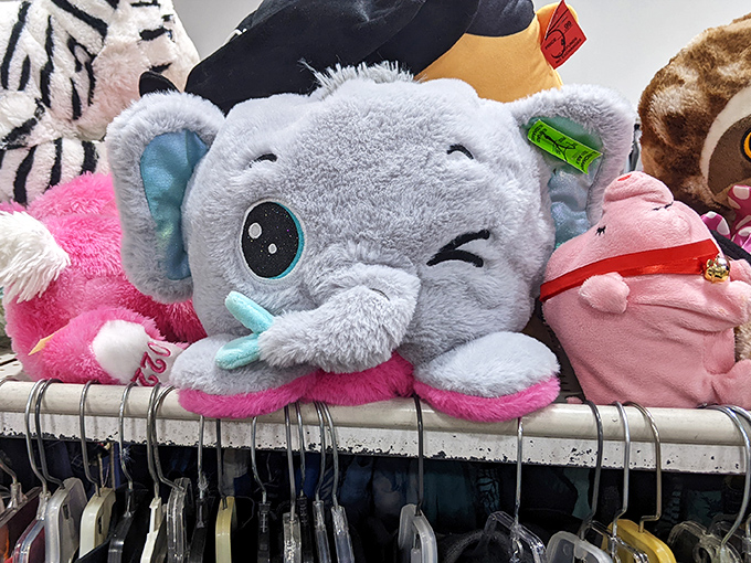 The stuffed animal section &ndash; where this winking elephant waits for a child to rescue him from retail purgatory.