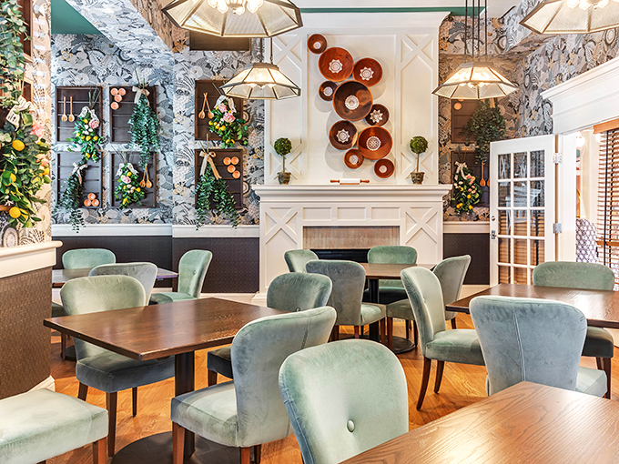 Mint green velvet chairs surrounding wooden tables&mdash;like your stylish friend's dining room, but with better food.