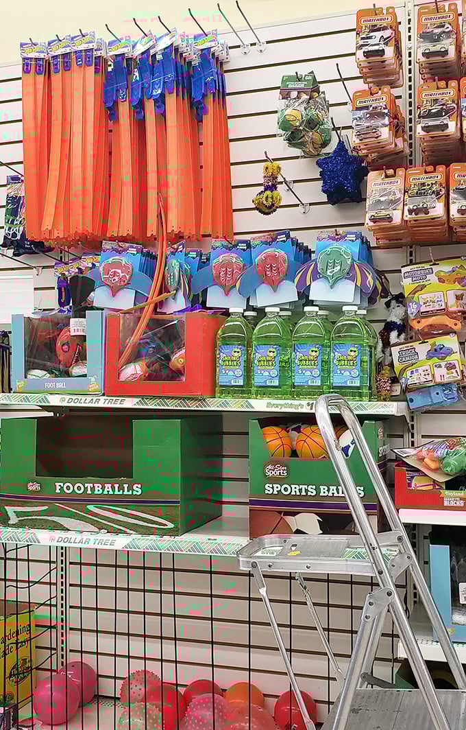 Childhood joy hanging from pegboards&mdash;kites, masks and bubbles promising outdoor adventures for pocket change prices.