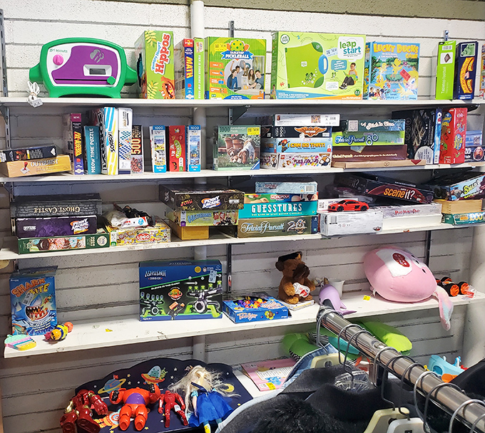 The toy section promises childhood joy without app store purchases. Vintage Easy-Bake Ovens and board games await a new generation of players.