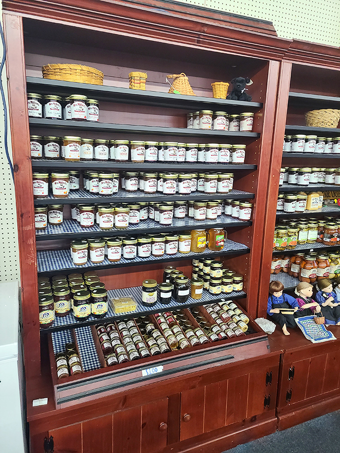 Homemade preserves lined up like edible jewels. Each jar contains summer sunshine and grandmotherly love, no matter what month you open it.