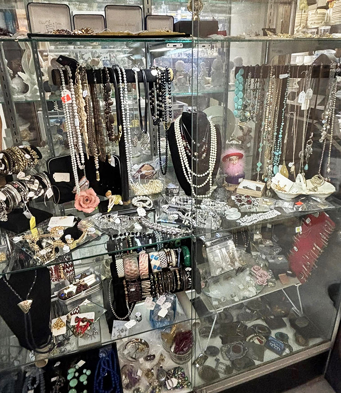 Jewelry cases sparkling with vintage accessories, because sometimes the best bling doesn't come from a mall kiosk display case.