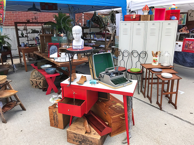 A typewriter waiting for its next great American novel, surrounded by the kind of eclectic treasures that inspire creative thinking.