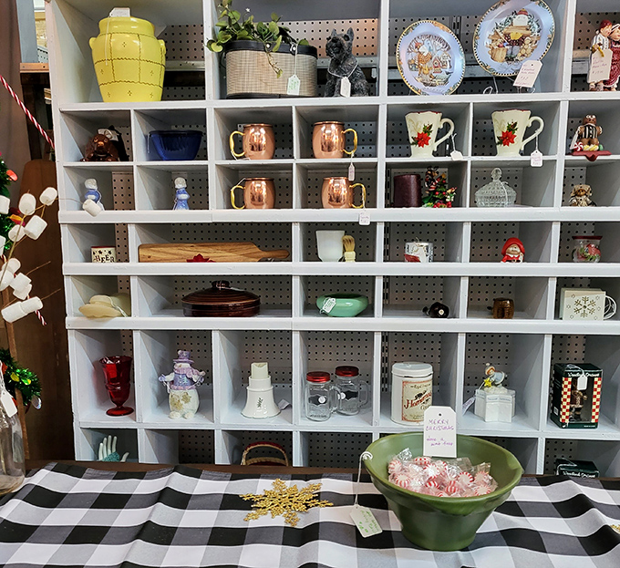 Cubbies of curiosities await the discerning collector. Those copper Moscow mule mugs have stories to tell about cocktail parties of yesteryear.