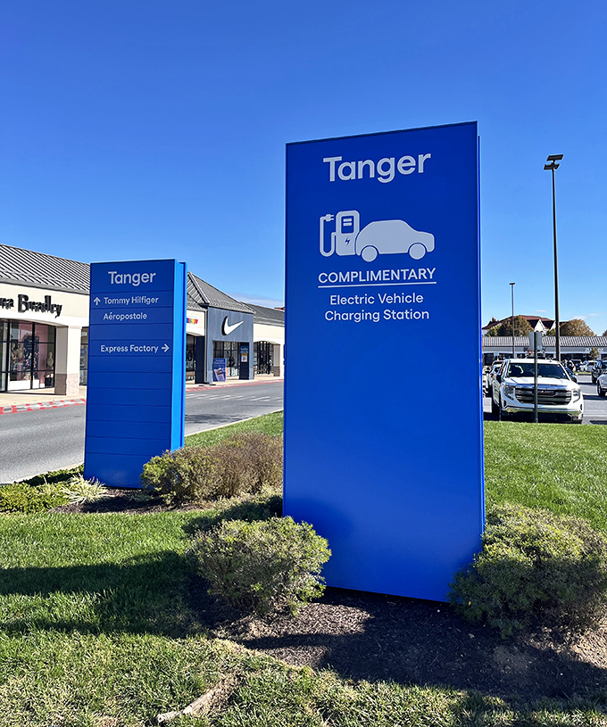 Electric vehicle charging stations prove that at Tanger, both your shopping bags and your car battery can get filled simultaneously.