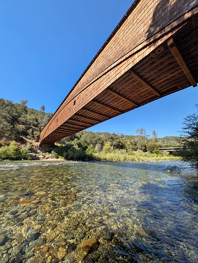 Looking up from river level reveals the bridge's impressive engineering. Those wooden shingles have sheltered travelers for over a century.