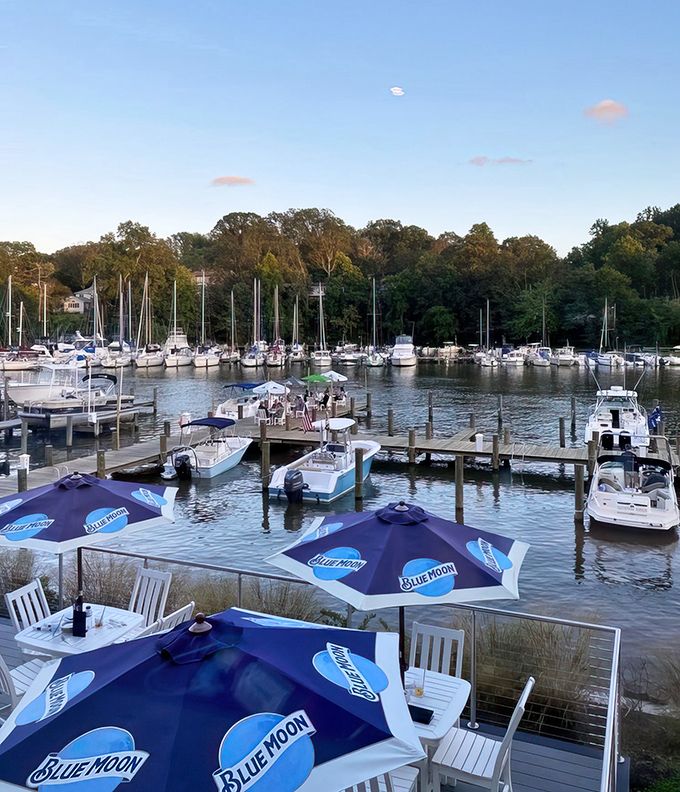 The marina view reminds you that your dinner probably arrived by boat this morning. Those Blue Moon umbrellas aren't just for shade&mdash;they're beacons for hungry sailors.