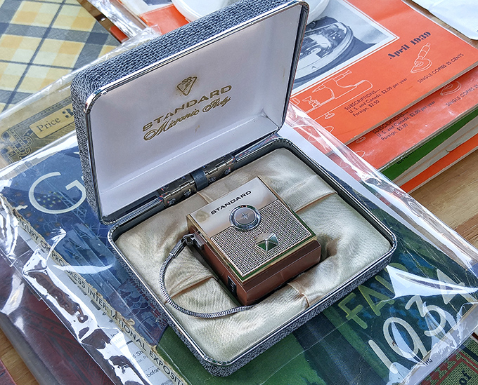 Standard hearing aid nestled in its original case&mdash;technological marvels of yesterday that remind us how far we've come.