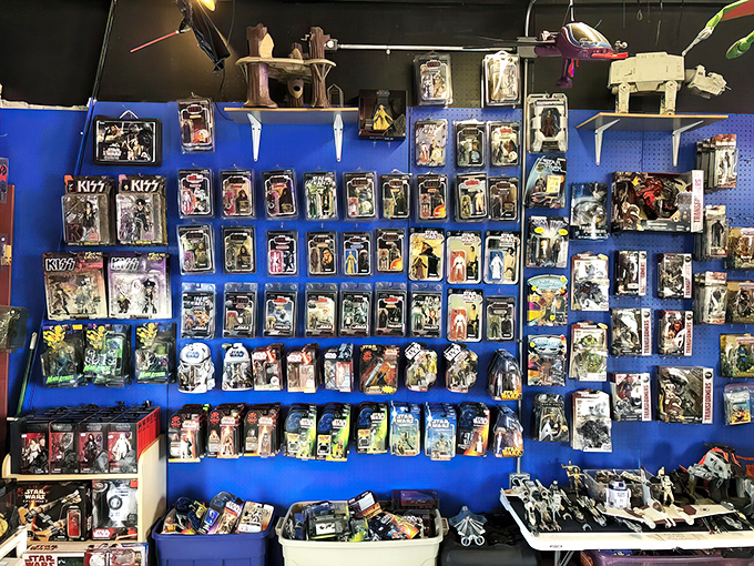 A wall of action figures still in their packaging&mdash;where Star Wars meets KISS, and childhood nostalgia comes with a perfectly reasonable price tag.