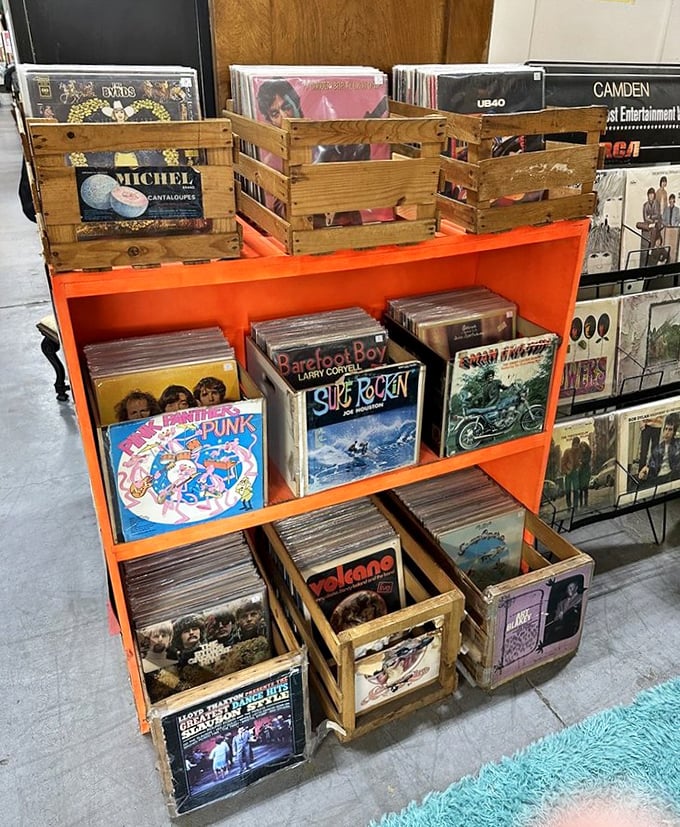 Vinyl records in wooden crates remind us that music sounded better when album art was actually worth displaying on your wall.