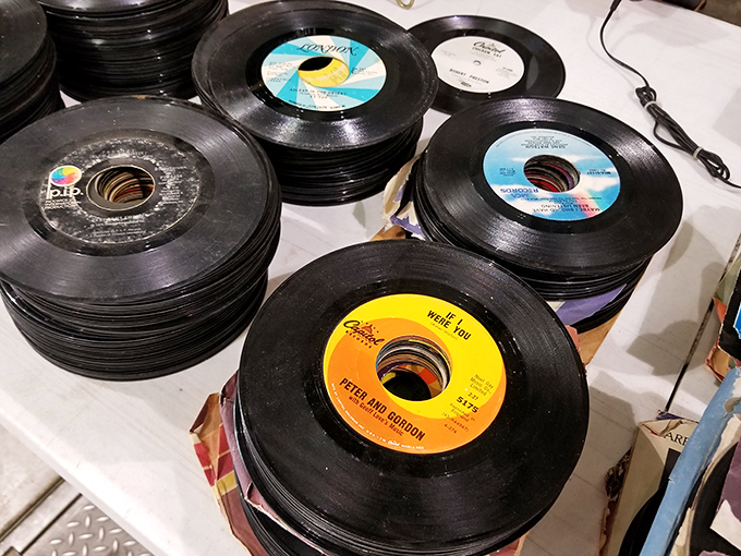 Vinyl records stacked like pancakes, each one containing the soundtrack to someone's first kiss, road trip, or teenage rebellion.