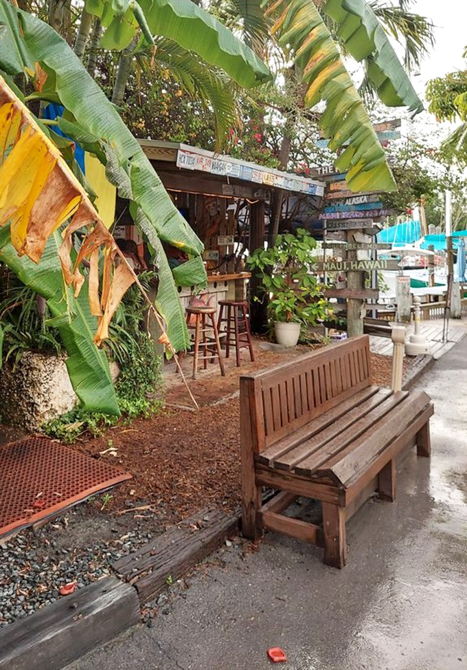 Where banana leaves and weathered wood create the perfect waiting area. Even the bench seems to say, "Relax, you're on island time now."