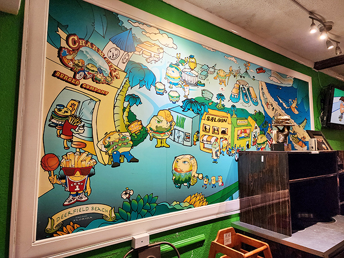 Whimsical wall art that sets the tone. This playful mural reminds you that serious food doesn't have to take itself too seriously.