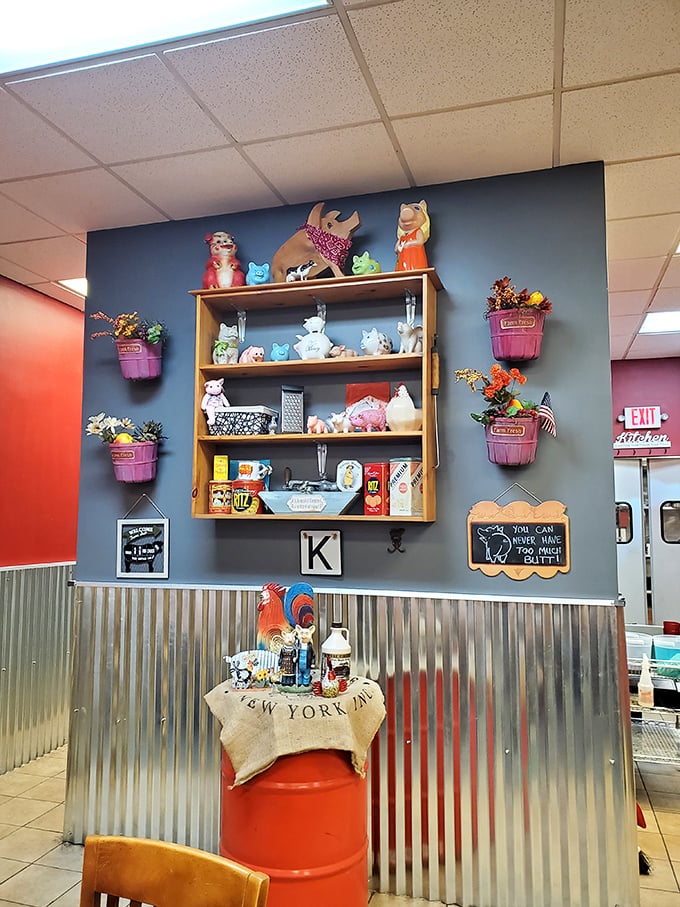 A collection of pig figurines watches over diners – the whimsical shrine to the animal that gives its all for barbecue greatness.