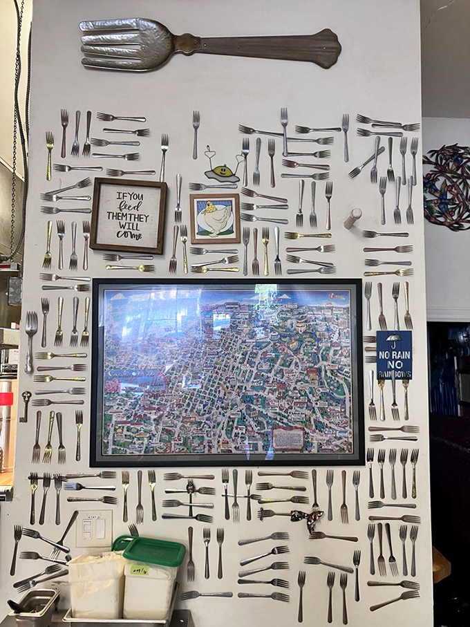 A wall of forks frames a map of Sacramento&mdash;clever decor that says "we take breakfast seriously, but ourselves? Not so much."