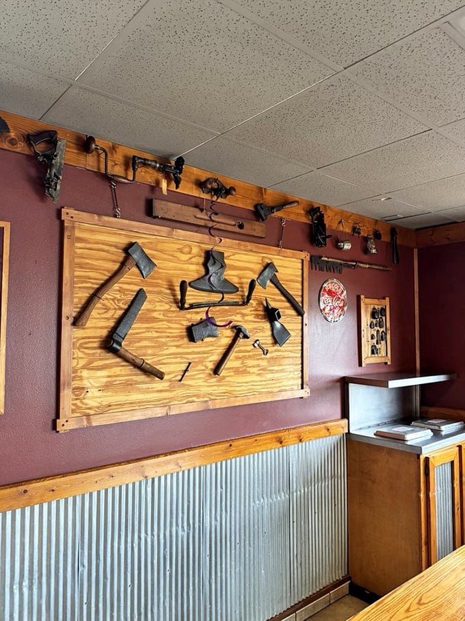 Wall decor featuring vintage tools tells you these folks understand that good barbecue, like good craftsmanship, requires the right equipment.