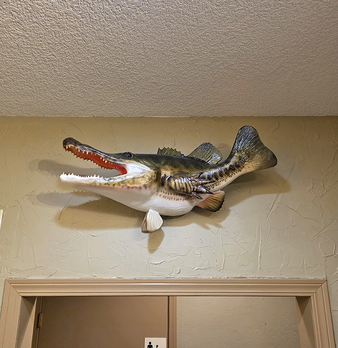 Nothing says "authentic fishing restaurant" like a mounted fish that seems to be judging your seafood ordering decisions.