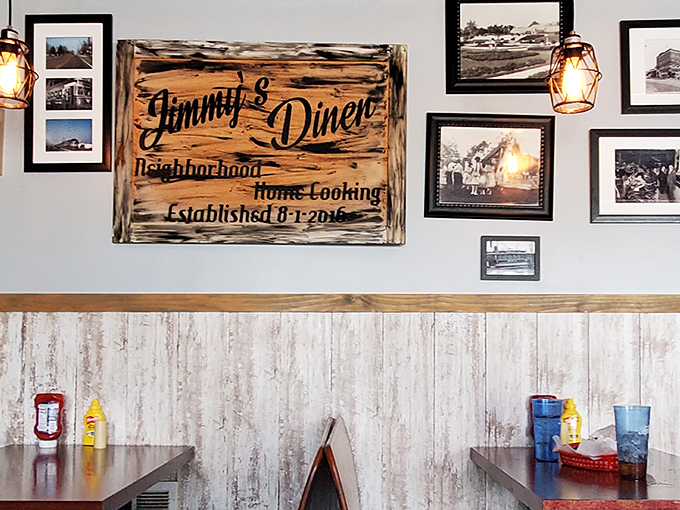 Wooden signs and vintage photos create a timeline of "remember when," perfect for settling important debates over pancakes.