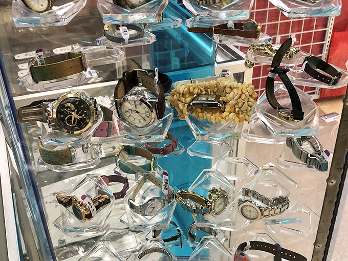 Timepieces frozen at different moments, waiting for new wrists to bring them back to life. That gold watch might have attended important meetings.