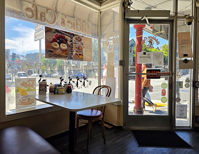 The coveted window seat, where your breakfast comes with a side of people-watching and San Francisco street theater.