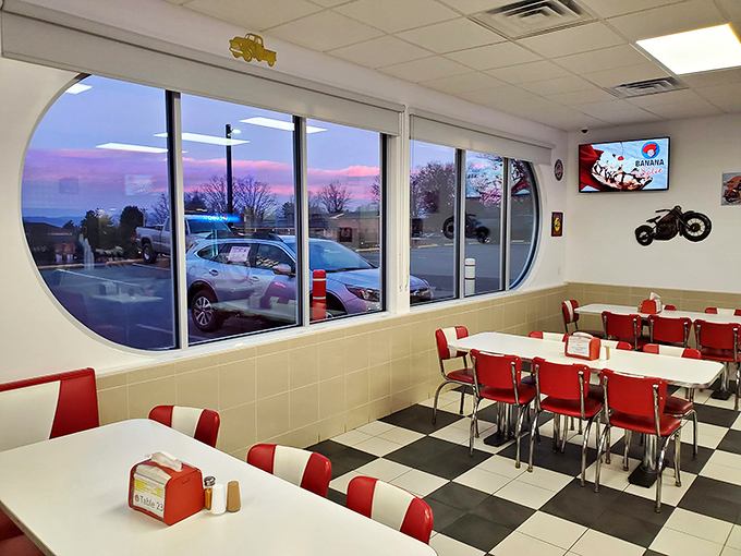 Those distinctive curved windows frame the outside world like a Norman Rockwell painting, making even a Tuesday morning feel cinematically special.