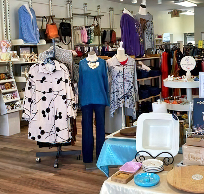 Fashion finds fill boutique windows, proving that coastal style extends beyond flip-flops and fishing gear into genuine elegance.