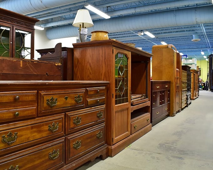 Wooden dressers with character and craftsmanship line up like dignified soldiers awaiting their next deployment home.