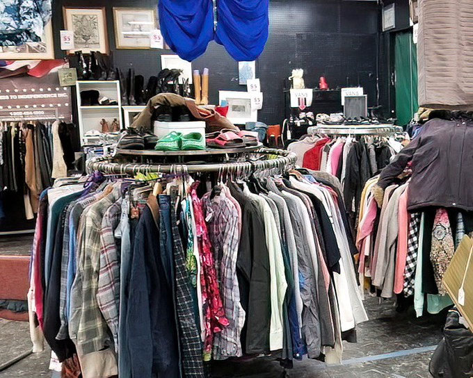 Clothing racks packed with possibilities&mdash;each hanger a potential "where did you get that?" conversation starter.