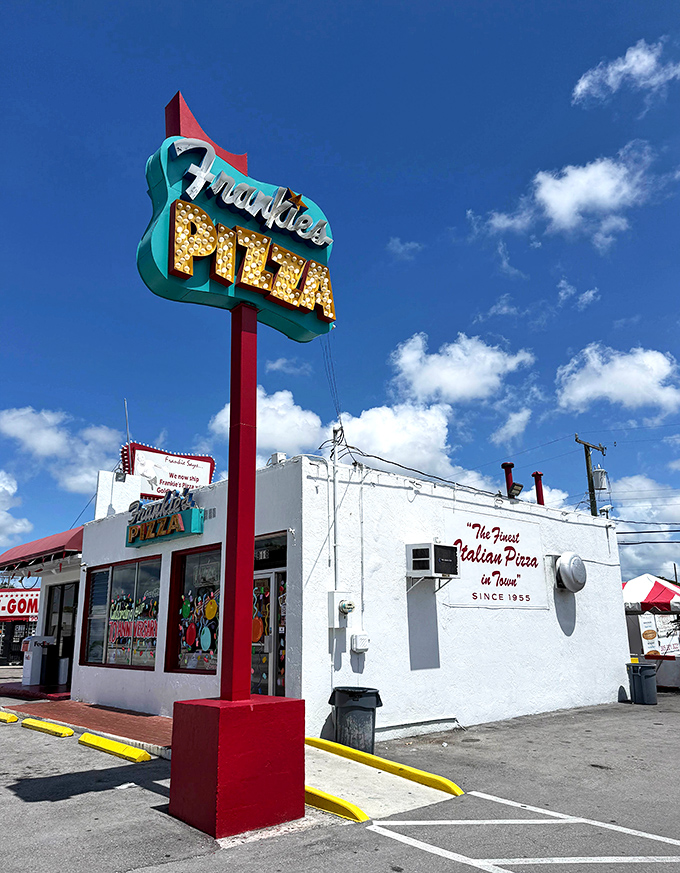 Frankie's vintage sign towers like a beacon for pizza pilgrims. That "since 1955" claim isn't just marketing&mdash;it's pizza history.