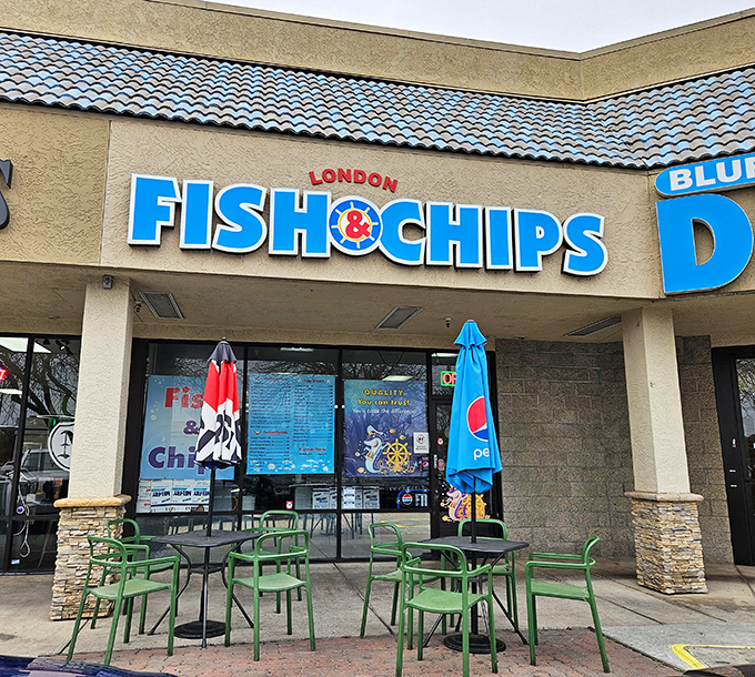 London Fish & Chips brings a taste of British tradition to Modesto with its bright blue signage and inviting outdoor seating.