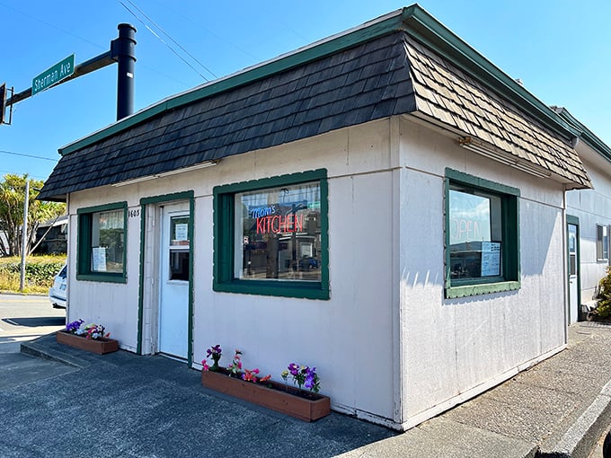 Mom's Kitchen's simple white building with green trim is the culinary equivalent of a warm hug on a chilly coastal morning.