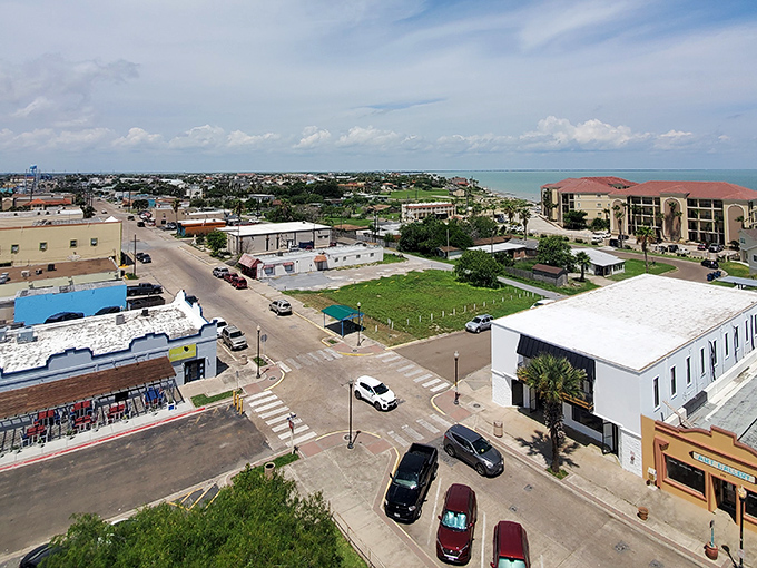 Port Isabel's bird's-eye view reveals a coastal community where the Gulf meets small-town charm in perfect harmony.