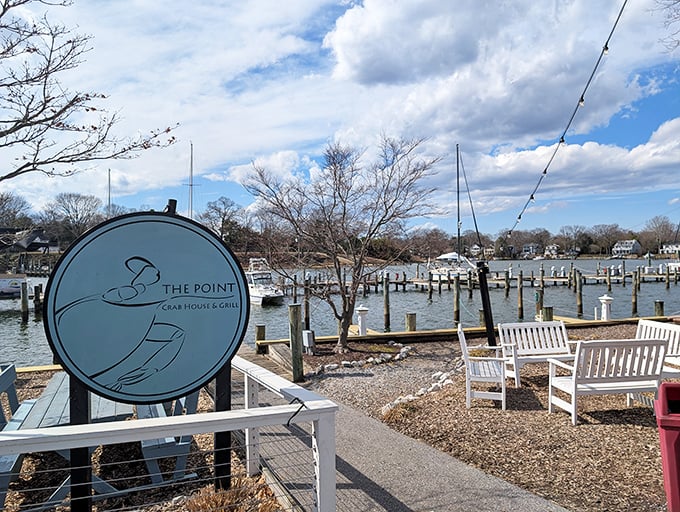 The Point's waterfront location offers dinner with a view. Those white Adirondack chairs are the perfect post-crab relaxation station.