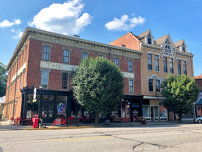 Vevay&rsquo;s main street charms with its brick storefronts, sidewalk seating, and that timeless small-town warmth that invites you to linger.